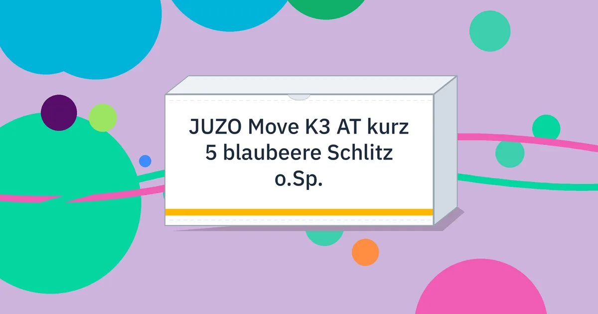 Symbolbild: Packung mit der Aufschrift JUZO Move K3 AT kurz 5 blaubeere Schlitz o.Sp. (PZN 20685796) – Verfügbarkeit und Bezug in Apotheken in Frankfurt am Main