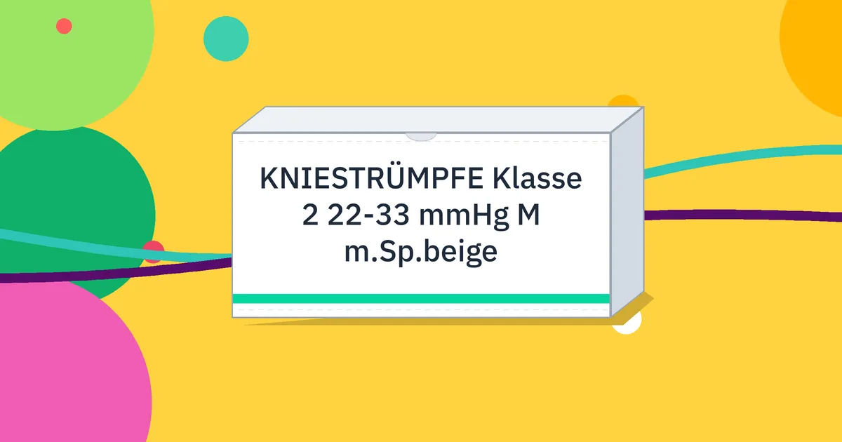 Symbolbild: Packung mit der Aufschrift KNIESTRÜMPFE Klasse 2 22-33 mmHg M m.Sp.beige (PZN 19072462) – Verfügbarkeit und Bezug in Apotheken in Frankfurt am Main