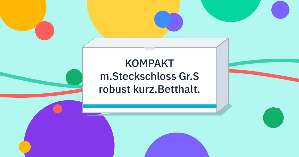 Symbolbild: Packung mit der Aufschrift KOMPAKT m.Steckschloss Gr.S robust kurz.Betthalt. (PZN 11574359) – Verfügbarkeit und Bezug in Apotheken in Frankfurt am Main