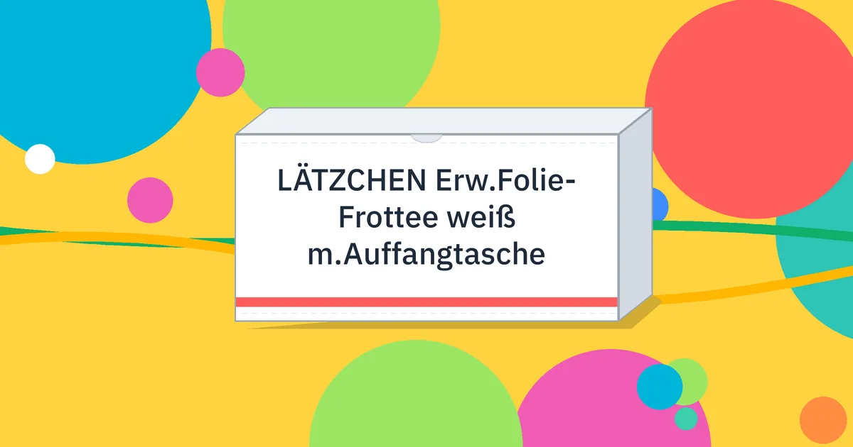 Symbolbild: Packung mit der Aufschrift LÄTZCHEN Erw.Folie-Frottee weiß m.Auffangtasche (PZN 03010743) – Verfügbarkeit und Bezug in Apotheken in Frankfurt am Main