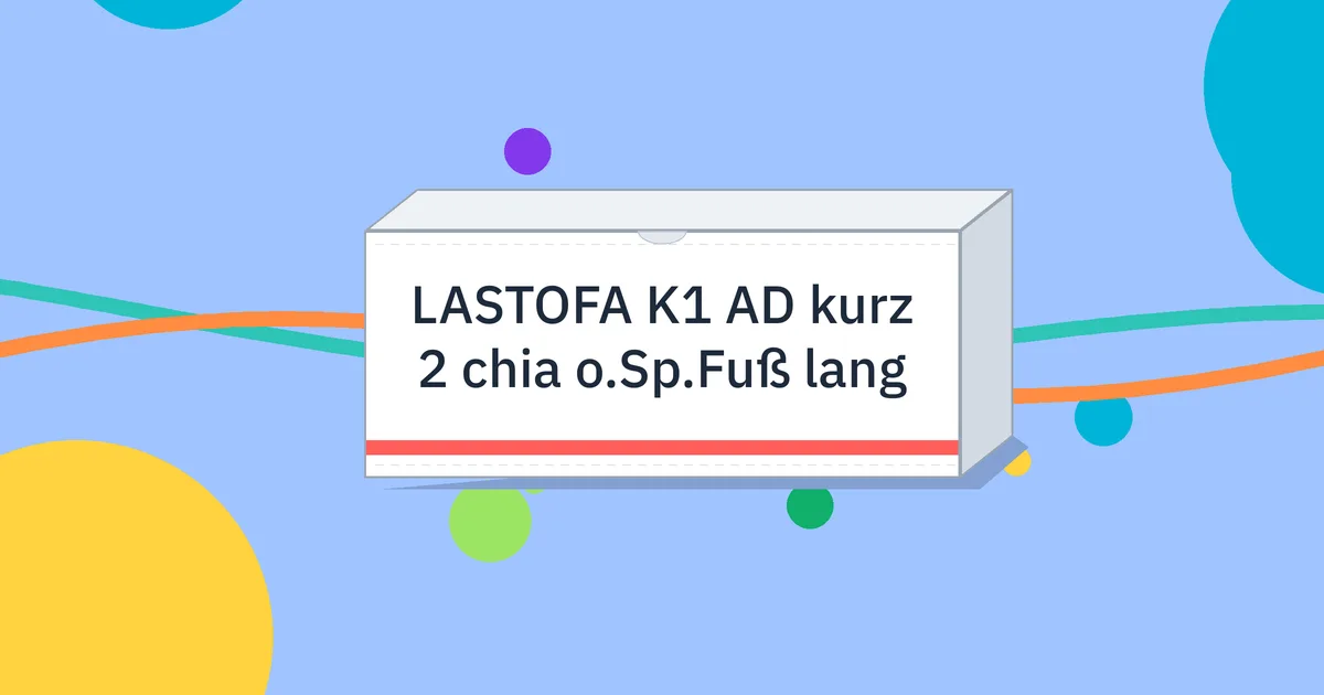 Symbolbild: Packung mit der Aufschrift LASTOFA K1 AD kurz 2 chia o.Sp.Fuß lang (PZN 14146345) – Verfügbarkeit und Bezug in Apotheken in Frankfurt am Main