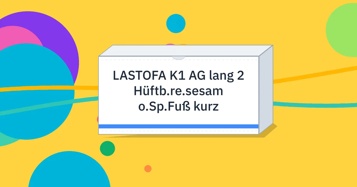 Symbolbild: Packung mit der Aufschrift LASTOFA K1 AG lang 2 Hüftb.re.sesam o.Sp.Fuß kurz (PZN 13797796) – Verfügbarkeit und Bezug in Apotheken in Frankfurt am Main