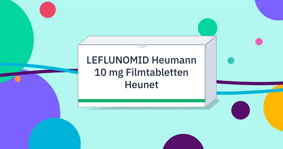 Symbolbild: Packung mit der Aufschrift LEFLUNOMID Heumann 10 mg Filmtabletten Heunet (PZN 16196637) – Verfügbarkeit und Bezug in Apotheken in Frankfurt am Main