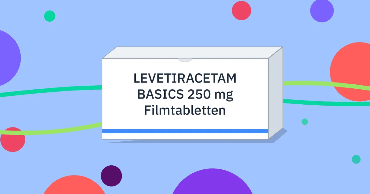 Symbolbild: Packung mit der Aufschrift LEVETIRACETAM BASICS 250 mg Filmtabletten (PZN 09482905) – Verfügbarkeit und Bezug in Apotheken in Frankfurt am Main
