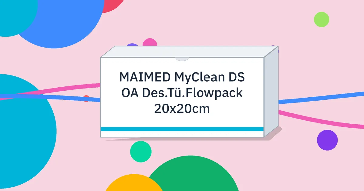 Symbolbild: Packung mit der Aufschrift MAIMED MyClean DS OA Des.Tü.Flowpack 20x20cm (PZN 16913263) – Verfügbarkeit und Bezug in Apotheken in Frankfurt am Main