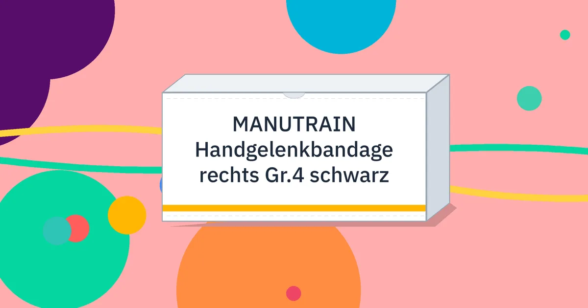 Symbolbild: Packung mit der Aufschrift MANUTRAIN Handgelenkbandage rechts Gr.4 schwarz (PZN 07552317) – Verfügbarkeit und Bezug in Apotheken in Frankfurt am Main