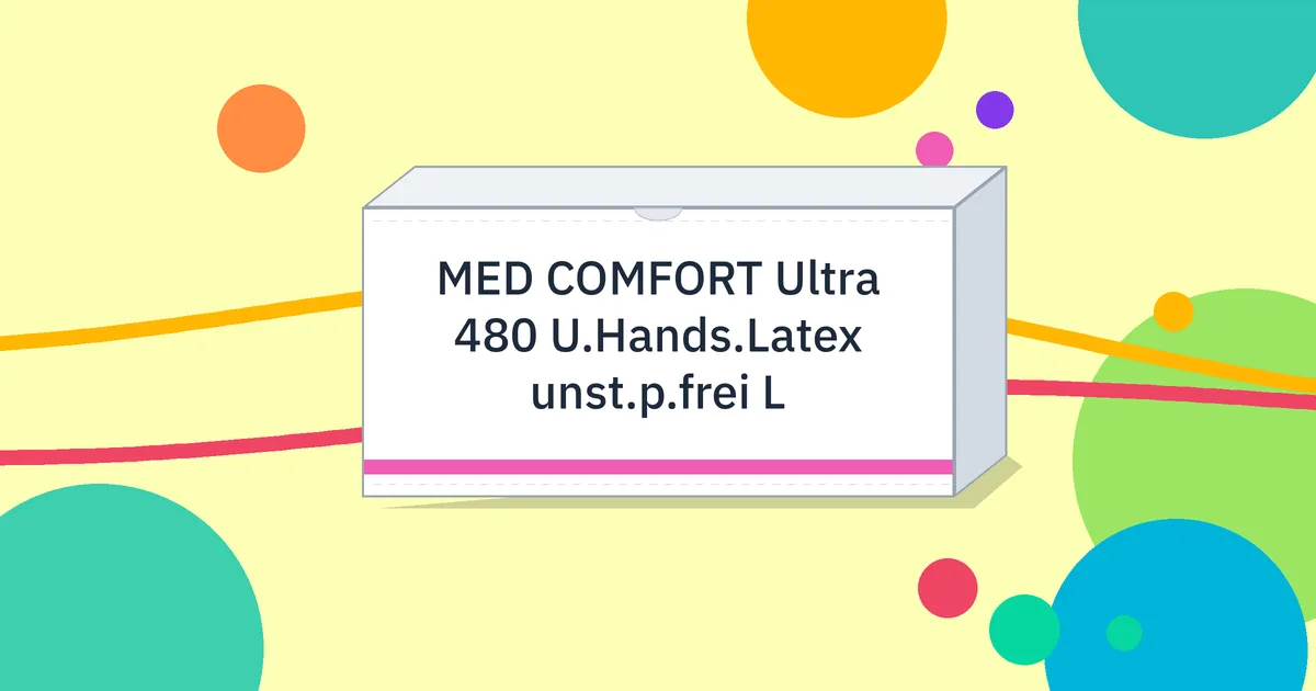 Symbolbild: Packung mit der Aufschrift MED COMFORT Ultra 480 U.Hands.Latex unst.p.frei L (PZN 15861475) – Verfügbarkeit und Bezug in Apotheken in Frankfurt am Main
