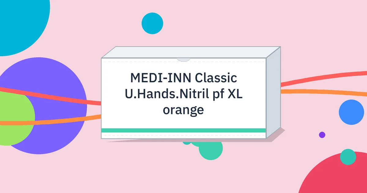 Symbolbild: Packung mit der Aufschrift MEDI-INN Classic U.Hands.Nitril pf XL orange (PZN 18854369) – Verfügbarkeit und Bezug in Apotheken in Frankfurt am Main