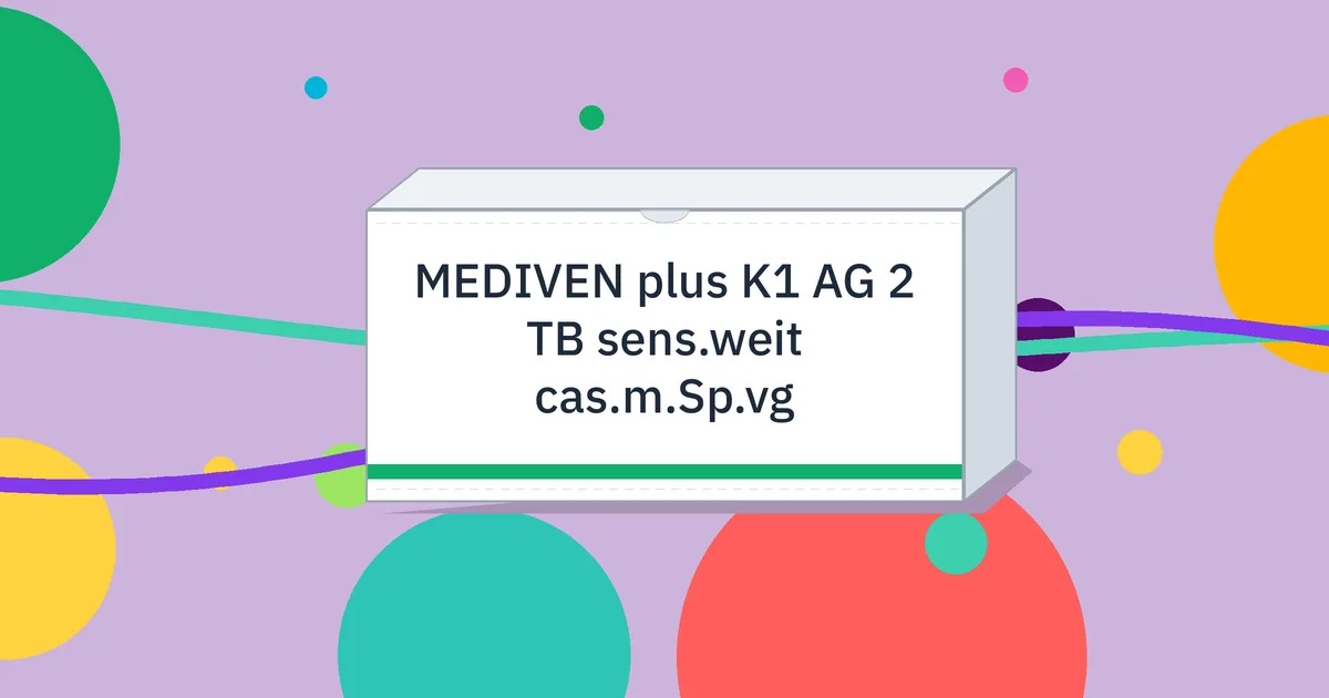 Symbolbild: Packung mit der Aufschrift MEDIVEN plus K1 AG 2 TB sens.weit cas.m.Sp.vg (PZN 15065152) – Verfügbarkeit und Bezug in Apotheken in Frankfurt am Main