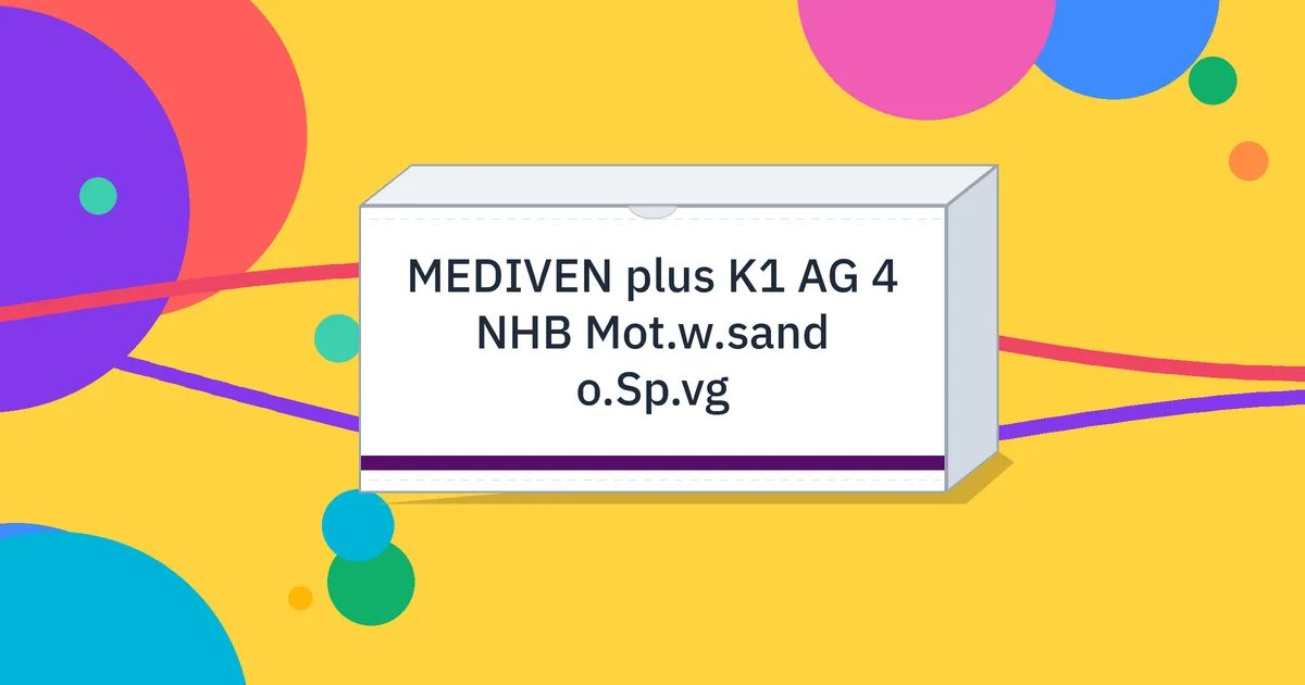 Symbolbild: Packung mit der Aufschrift MEDIVEN plus K1 AG 4 NHB Mot.w.sand o.Sp.vg (PZN 18941795) – Verfügbarkeit und Bezug in Apotheken in Frankfurt am Main