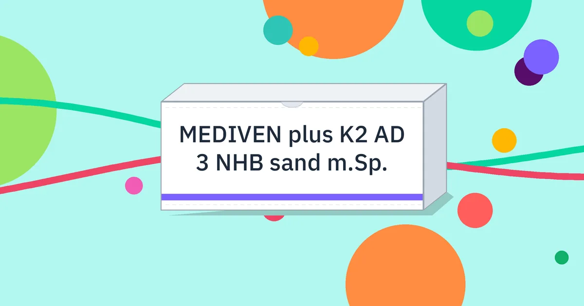 Symbolbild: Packung mit der Aufschrift MEDIVEN plus K2 AD 3 NHB sand m.Sp. (PZN 18946717) – Verfügbarkeit und Bezug in Apotheken in Frankfurt am Main