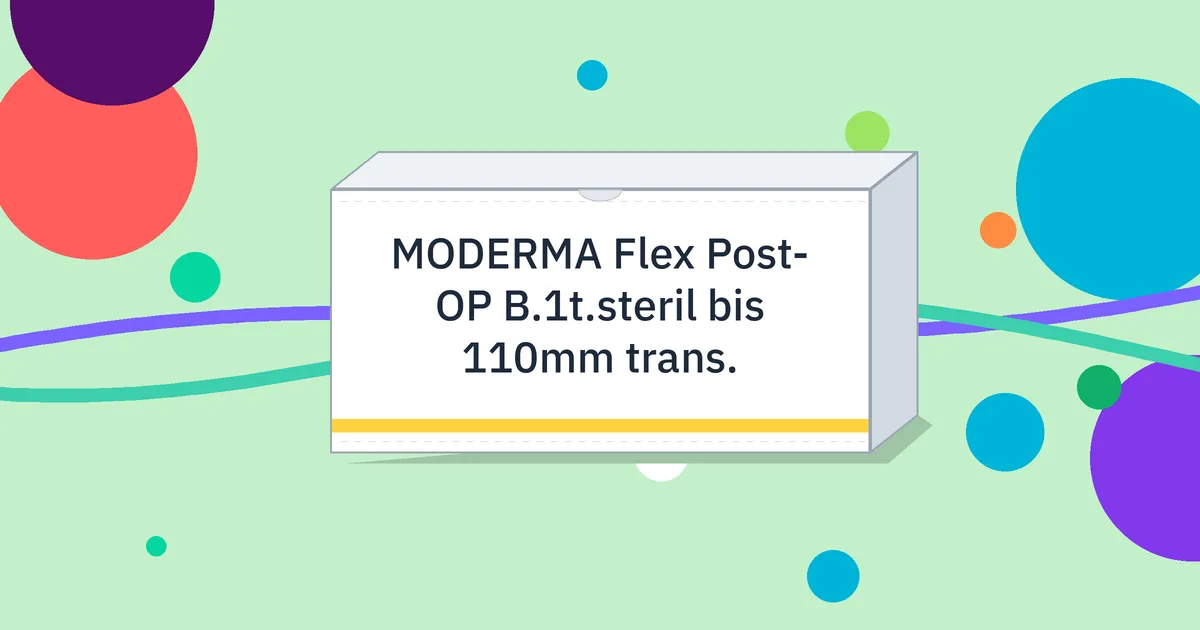 Symbolbild: Packung mit der Aufschrift MODERMA Flex Post-OP B.1t.steril bis 110mm trans. (PZN 04195615) – Verfügbarkeit und Bezug in Apotheken in Frankfurt am Main
