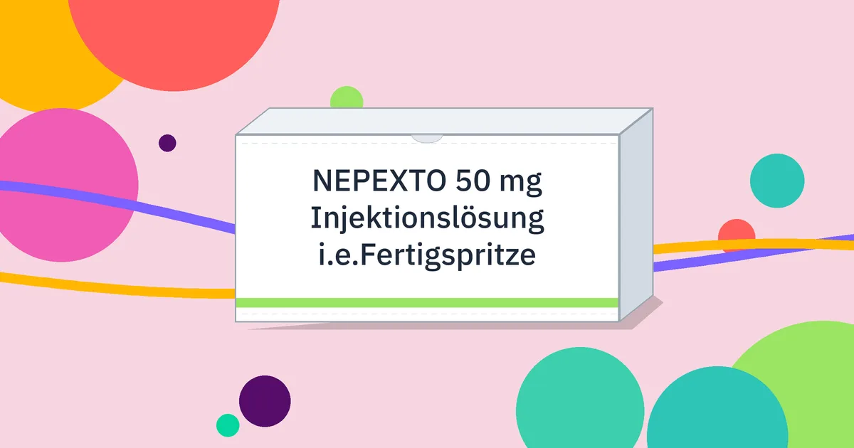 Symbolbild: Packung mit der Aufschrift NEPEXTO 50 mg Injektionslösung i.e.Fertigspritze (PZN 19987380) – Verfügbarkeit und Bezug in Apotheken in Frankfurt am Main