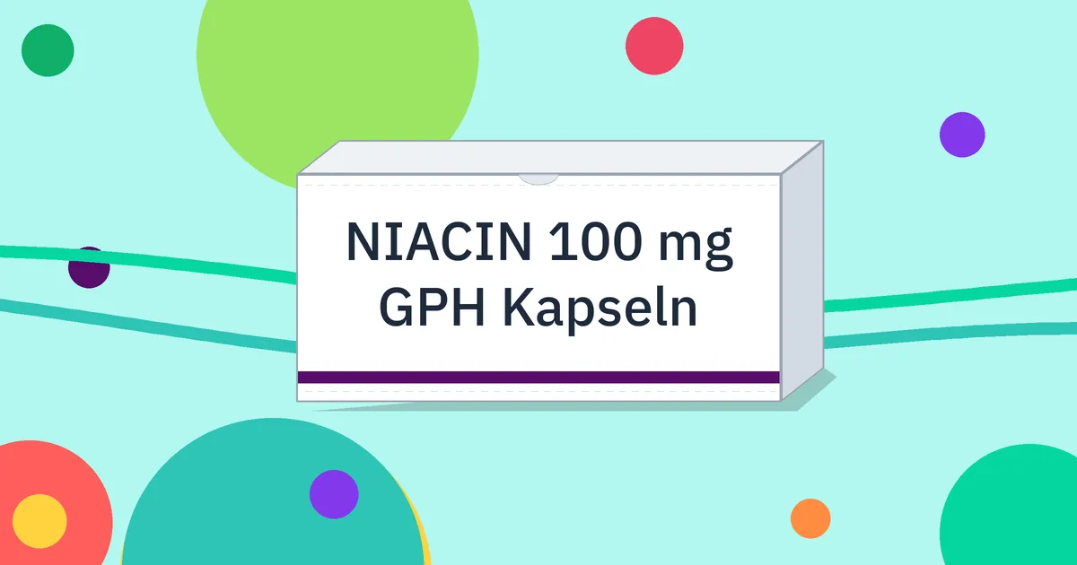 Symbolbild: Packung mit der Aufschrift NIACIN 100 mg GPH Kapseln (PZN 04699965) – Verfügbarkeit und Bezug in Apotheken in Frankfurt am Main