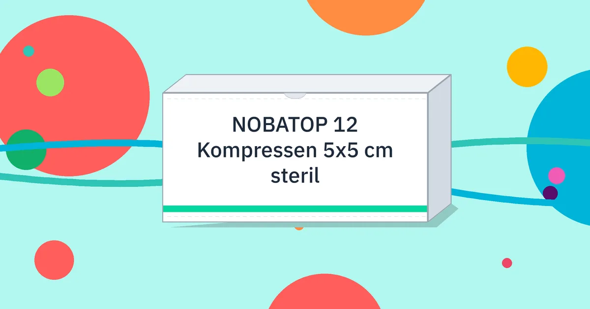 Symbolbild: Packung mit der Aufschrift NOBATOP 12 Kompressen 5x5 cm steril (PZN 07385658) – Verfügbarkeit und Bezug in Apotheken in Frankfurt am Main