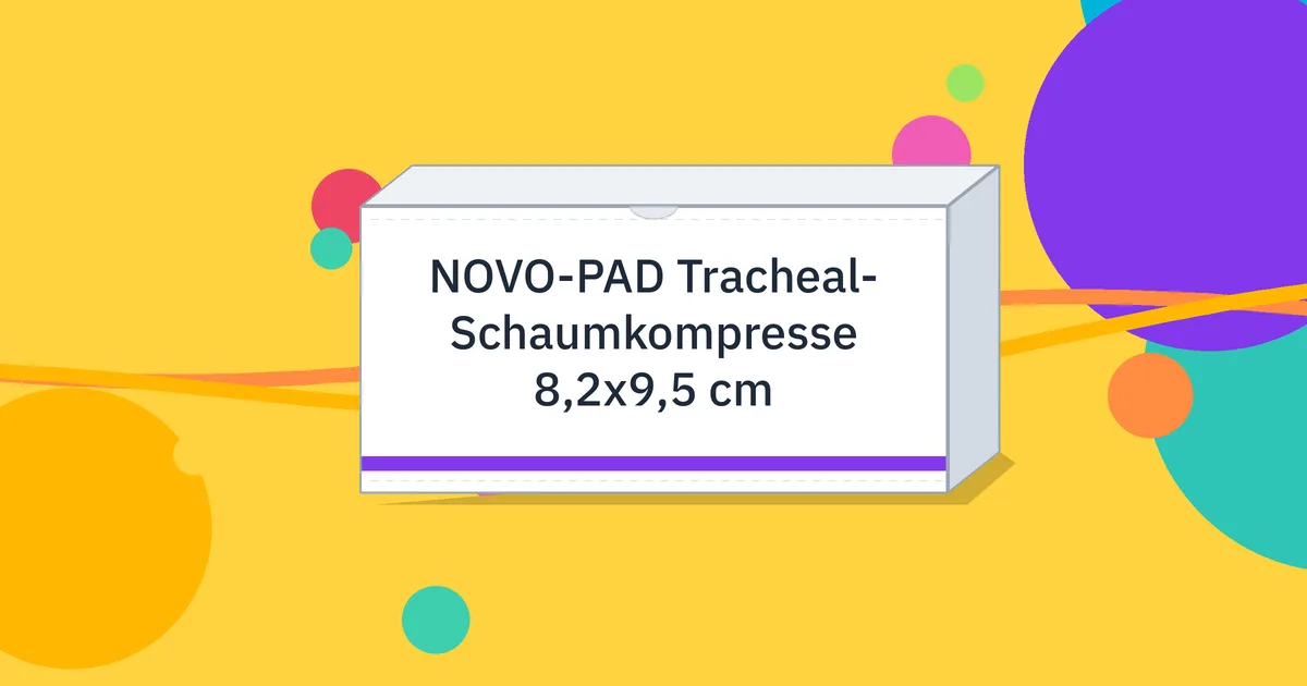 Symbolbild: Packung mit der Aufschrift NOVO-PAD Tracheal-Schaumkompresse 8,2x9,5 cm (PZN 16874066) – Verfügbarkeit und Bezug in Apotheken in Frankfurt am Main