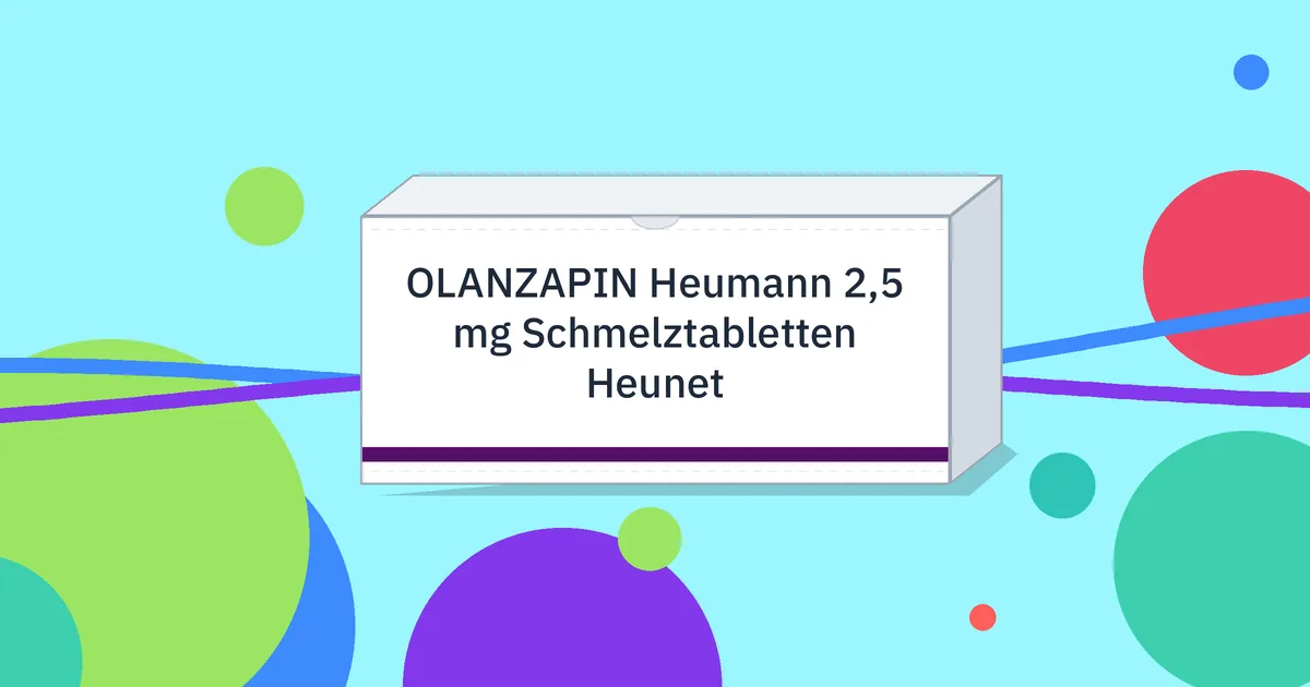 Symbolbild: Packung mit der Aufschrift OLANZAPIN Heumann 2,5 mg Schmelztabletten Heunet (PZN 09100045) – Verfügbarkeit und Bezug in Apotheken in Frankfurt am Main