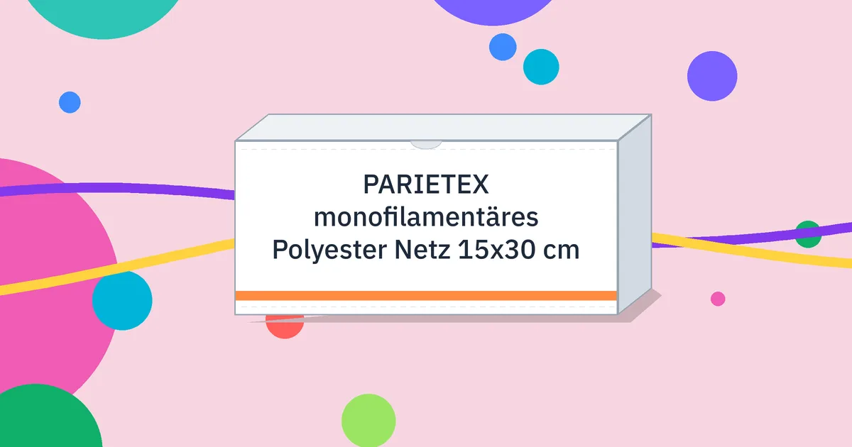 Symbolbild: Packung mit der Aufschrift PARIETEX monofilamentäres Polyester Netz 15x30 cm (PZN 07603032) – Verfügbarkeit und Bezug in Apotheken in Frankfurt am Main