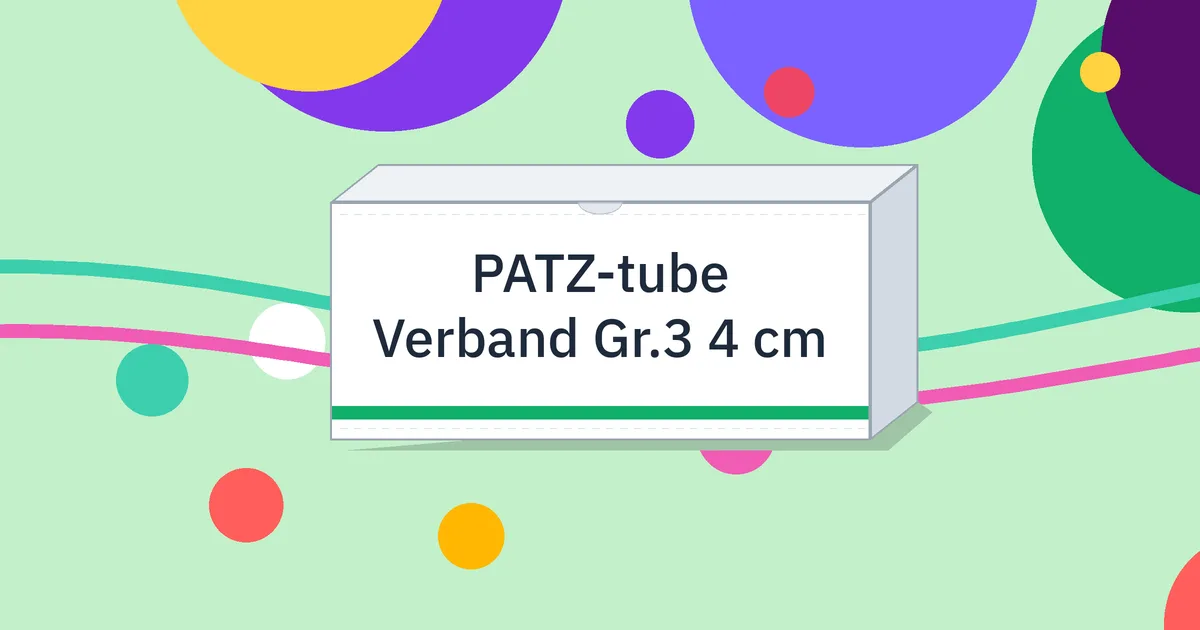 Symbolbild: Packung mit der Aufschrift PATZ-tube Verband Gr.3 4 cm (PZN 06815097) – Verfügbarkeit und Bezug in Apotheken in Frankfurt am Main