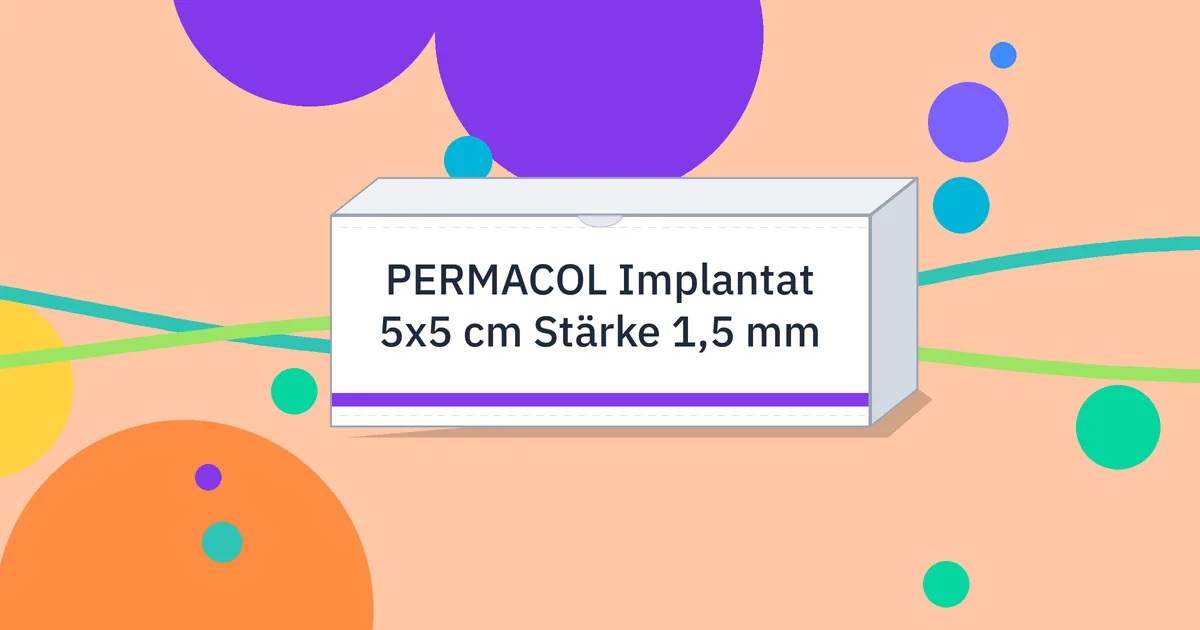 Symbolbild: Packung mit der Aufschrift PERMACOL Implantat 5x5 cm Stärke 1,5 mm (PZN 05869599) – Verfügbarkeit und Bezug in Apotheken in Frankfurt am Main