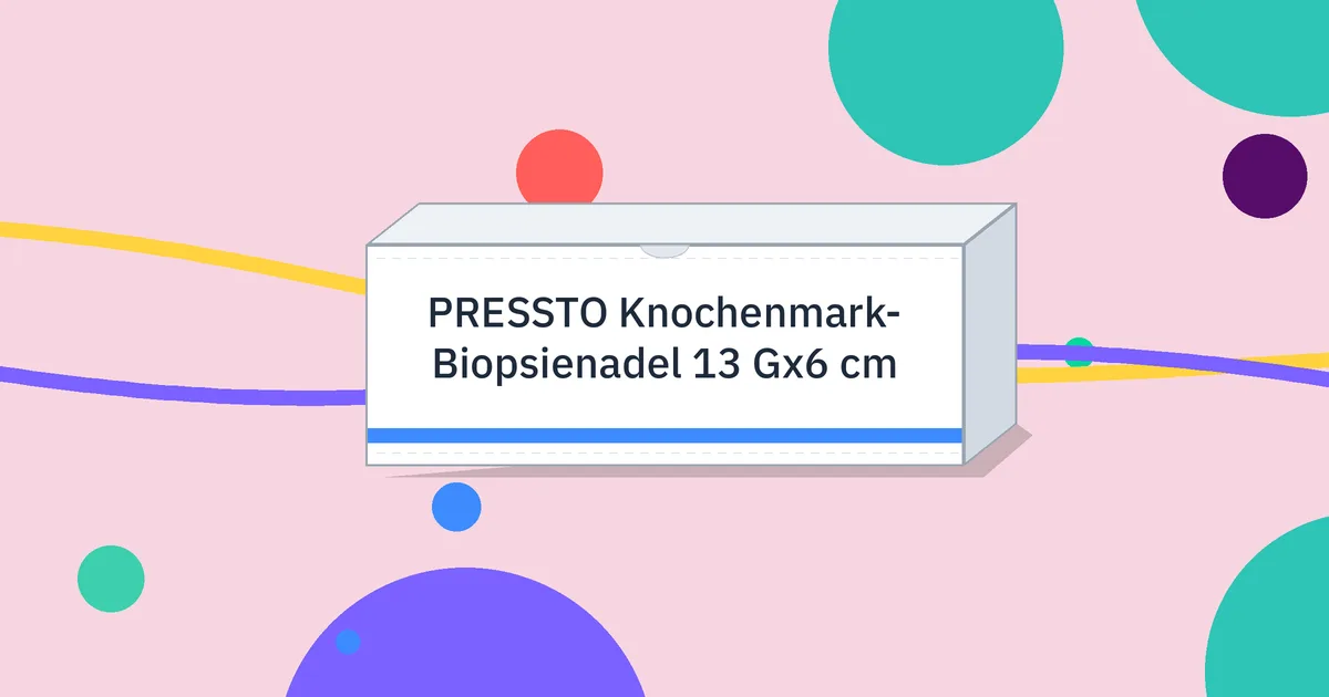 Symbolbild: Packung mit der Aufschrift PRESSTO Knochenmark-Biopsienadel 13 Gx6 cm (PZN 14384174) – Verfügbarkeit und Bezug in Apotheken in Frankfurt am Main