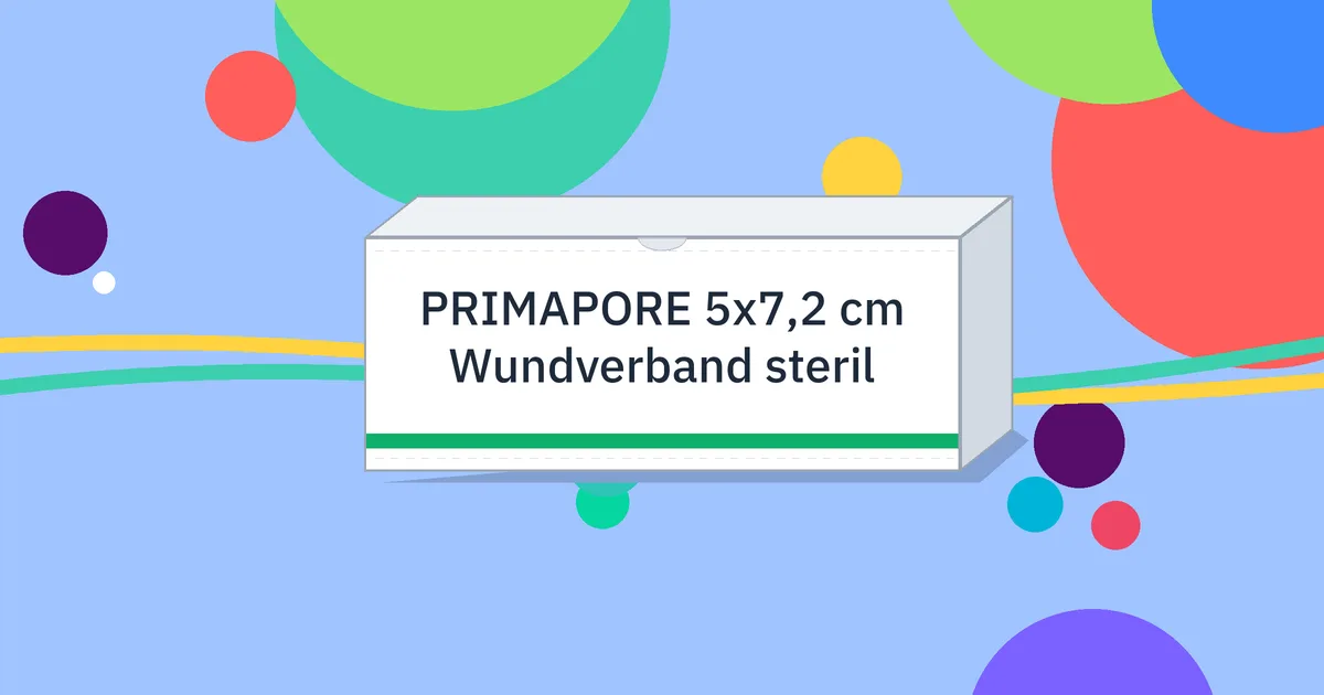 Symbolbild: Packung mit der Aufschrift PRIMAPORE 5x7,2 cm Wundverband steril (PZN 18769221) – Verfügbarkeit und Bezug in Apotheken in Frankfurt am Main