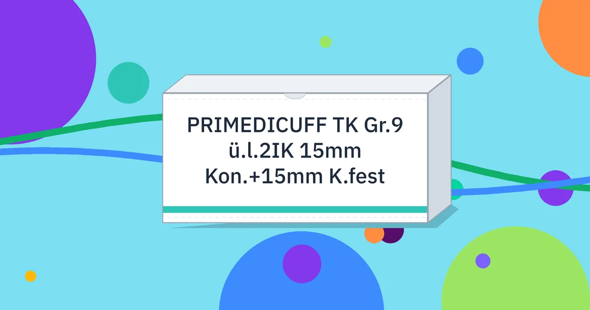 Symbolbild: Packung mit der Aufschrift PRIMEDICUFF TK Gr.9 ü.l.2IK 15mm Kon.+15mm K.fest (PZN 11375826) – Verfügbarkeit und Bezug in Apotheken in Frankfurt am Main