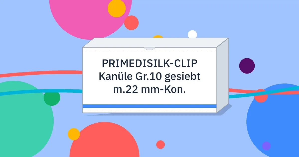 Symbolbild: Packung mit der Aufschrift PRIMEDISILK-CLIP Kanüle Gr.10 gesiebt m.22 mm-Kon. (PZN 10780683) – Verfügbarkeit und Bezug in Apotheken in Frankfurt am Main