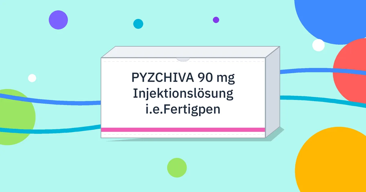 Symbolbild: Packung mit der Aufschrift PYZCHIVA 90 mg Injektionslösung i.e.Fertigpen (PZN 20126921) – Verfügbarkeit und Bezug in Apotheken in Frankfurt am Main