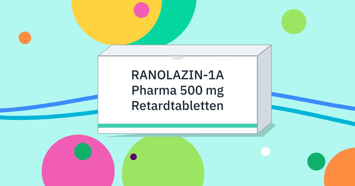 Symbolbild: Packung mit der Aufschrift RANOLAZIN-1A Pharma 500 mg Retardtabletten (PZN 19375079) – Verfügbarkeit und Bezug in Apotheken in Frankfurt am Main