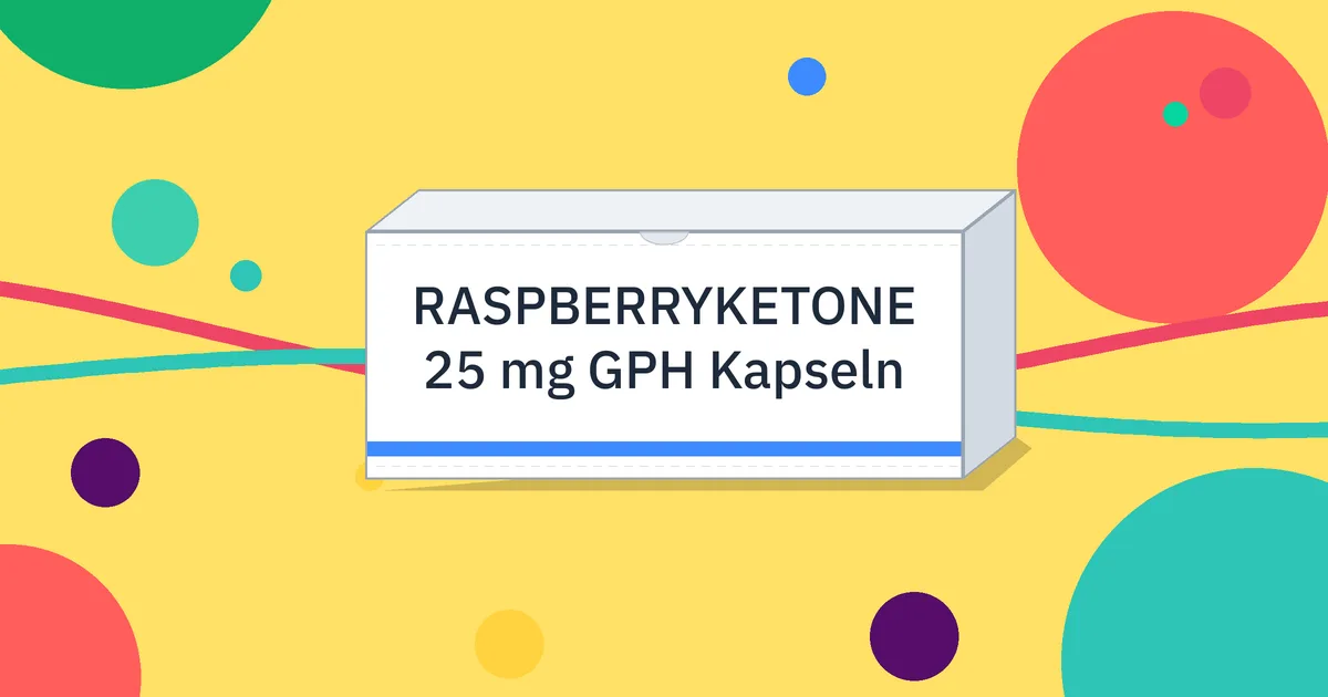 Symbolbild: Packung mit der Aufschrift RASPBERRYKETONE 25 mg GPH Kapseln (PZN 10977523) – Verfügbarkeit und Bezug in Apotheken in Frankfurt am Main