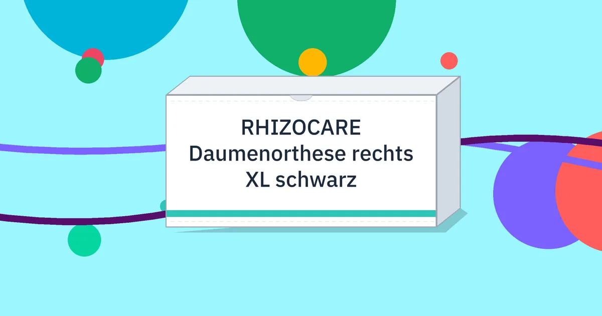 Symbolbild: Packung mit der Aufschrift RHIZOCARE Daumenorthese rechts XL schwarz (PZN 10839554) – Verfügbarkeit und Bezug in Apotheken in Frankfurt am Main