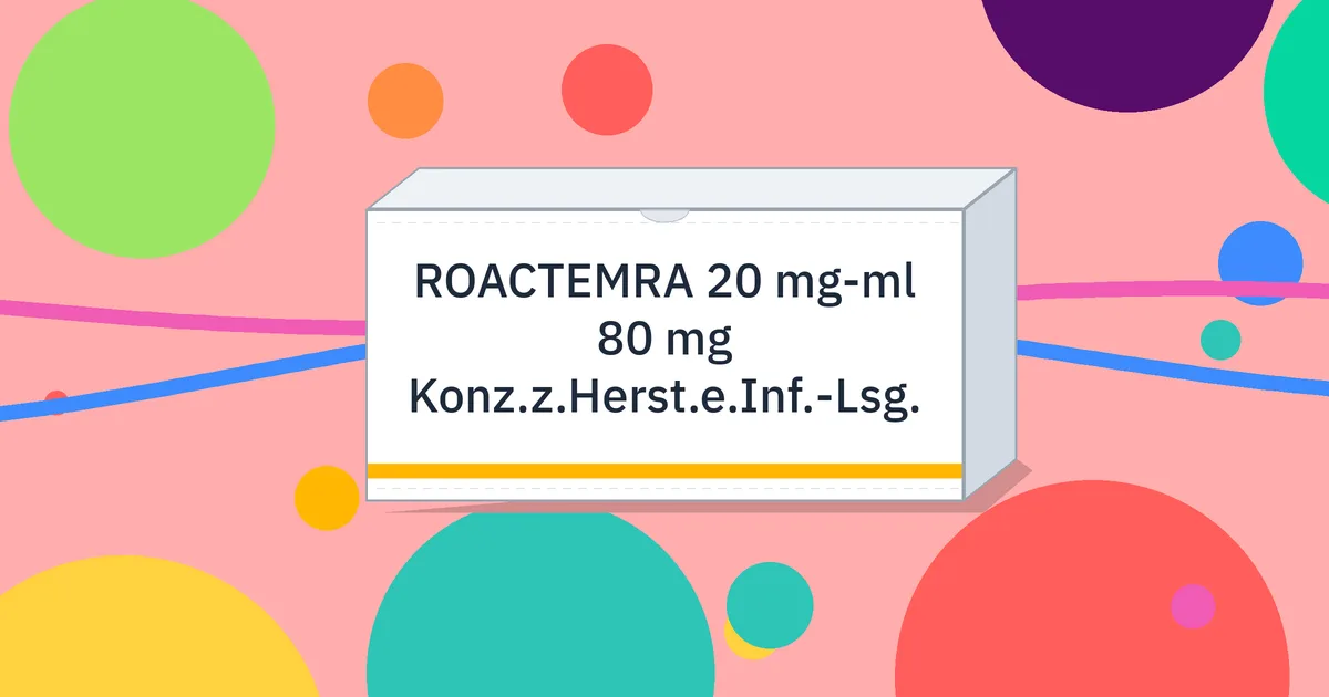 Symbolbild: Packung mit der Aufschrift ROACTEMRA 20 mg-ml 80 mg Konz.z.Herst.e.Inf.-Lsg. (PZN 10974944) – Verfügbarkeit und Bezug in Apotheken in Frankfurt am Main