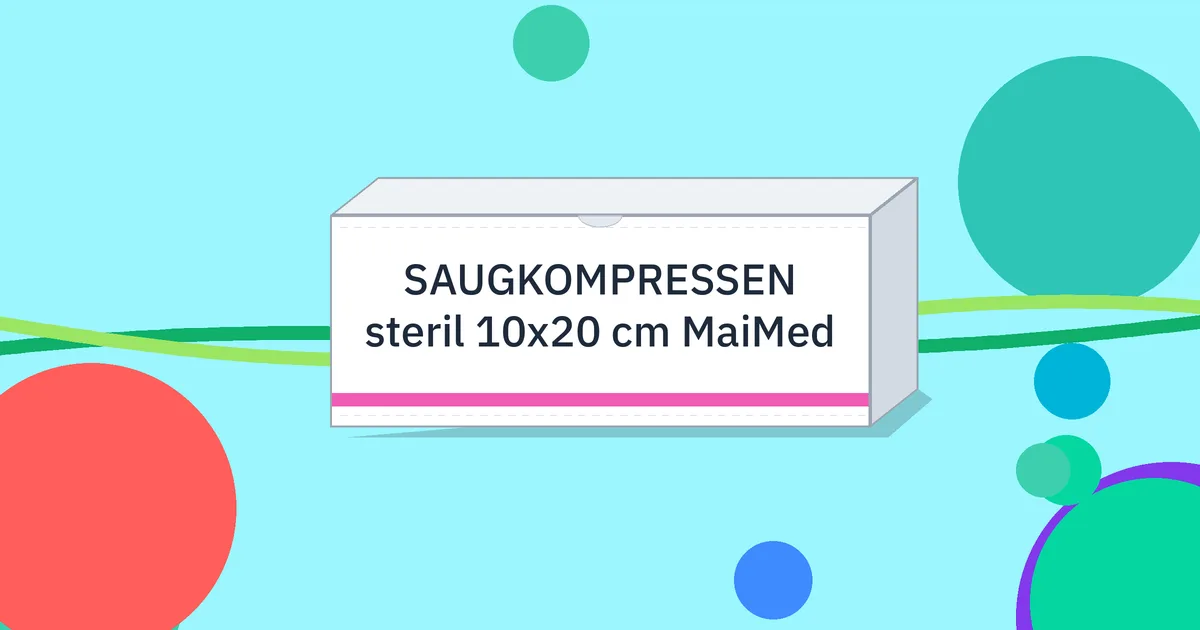 Symbolbild: Packung mit der Aufschrift SAUGKOMPRESSEN steril 10x20 cm MaiMed (PZN 20354384) – Verfügbarkeit und Bezug in Apotheken in Frankfurt am Main