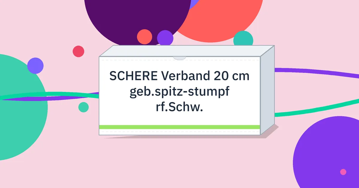 Symbolbild: Packung mit der Aufschrift SCHERE Verband 20 cm geb.spitz-stumpf rf.Schw. (PZN 10915539) – Verfügbarkeit und Bezug in Apotheken in Frankfurt am Main