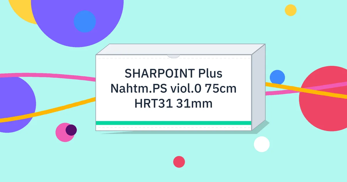 Symbolbild: Packung mit der Aufschrift SHARPOINT Plus Nahtm.PS viol.0 75cm HRT31 31mm (PZN 17995079) – Verfügbarkeit und Bezug in Apotheken in Frankfurt am Main
