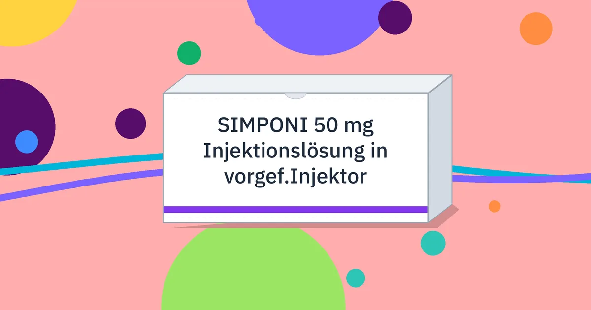 Symbolbild: Packung mit der Aufschrift SIMPONI 50 mg Injektionslösung in vorgef.Injektor (PZN 11714257) – Verfügbarkeit und Bezug in Apotheken in Frankfurt am Main
