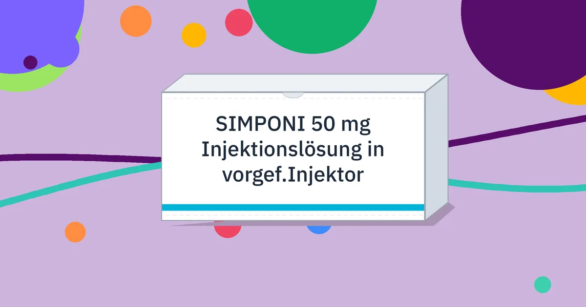 Symbolbild: Packung mit der Aufschrift SIMPONI 50 mg Injektionslösung in vorgef.Injektor (PZN 16684590) – Verfügbarkeit und Bezug in Apotheken in Frankfurt am Main