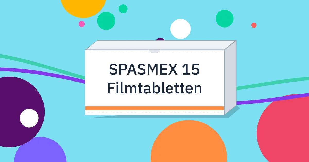 Symbolbild: Packung mit der Aufschrift SPASMEX 15 Filmtabletten (PZN 06165475) – Verfügbarkeit und Bezug in Apotheken in Frankfurt am Main