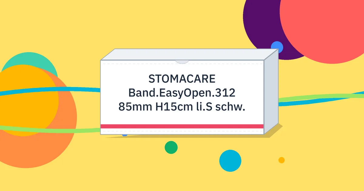 Symbolbild: Packung mit der Aufschrift STOMACARE Band.EasyOpen.312 85mm H15cm li.S schw. (PZN 09437997) – Verfügbarkeit und Bezug in Apotheken in Frankfurt am Main