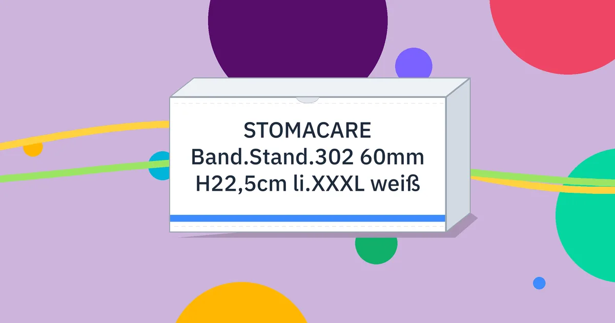 Symbolbild: Packung mit der Aufschrift STOMACARE Band.Stand.302 60mm H22,5cm li.XXXL weiß (PZN 01053470) – Verfügbarkeit und Bezug in Apotheken in Frankfurt am Main