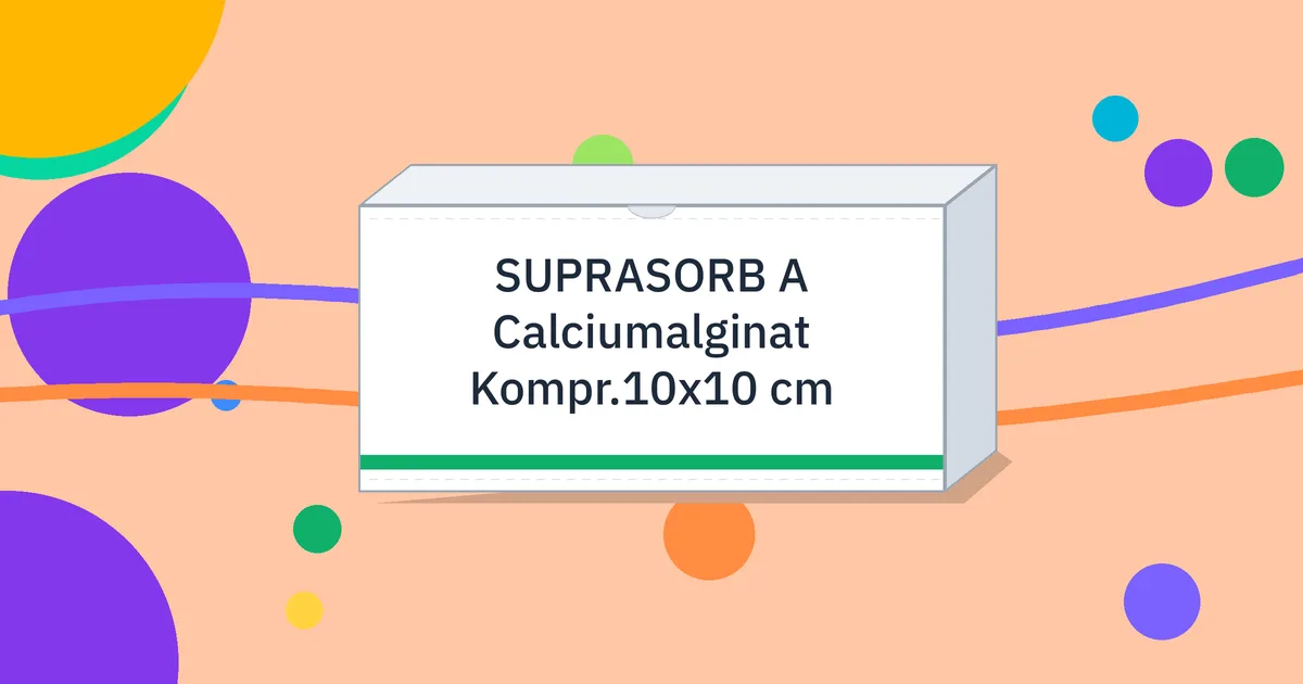 Symbolbild: Packung mit der Aufschrift SUPRASORB A Calciumalginat Kompr.10x10 cm (PZN 18502759) – Verfügbarkeit und Bezug in Apotheken in Frankfurt am Main