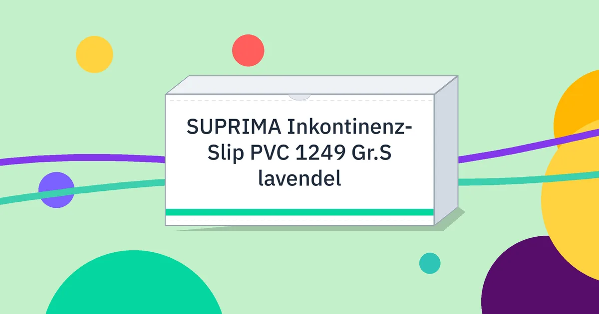 Symbolbild: Packung mit der Aufschrift SUPRIMA Inkontinenz-Slip PVC 1249 Gr.S lavendel (PZN 02059842) – Verfügbarkeit und Bezug in Apotheken in Frankfurt am Main