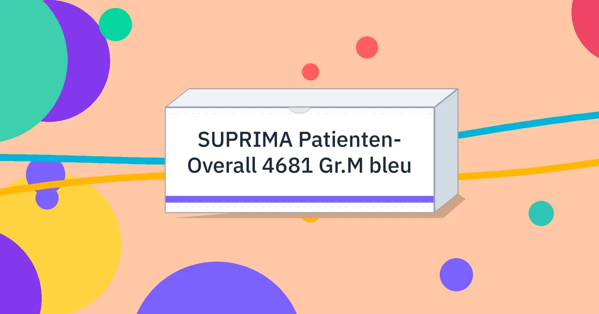 Symbolbild: Packung mit der Aufschrift SUPRIMA Patienten-Overall 4681 Gr.M bleu (PZN 01659698) – Verfügbarkeit und Bezug in Apotheken in Frankfurt am Main