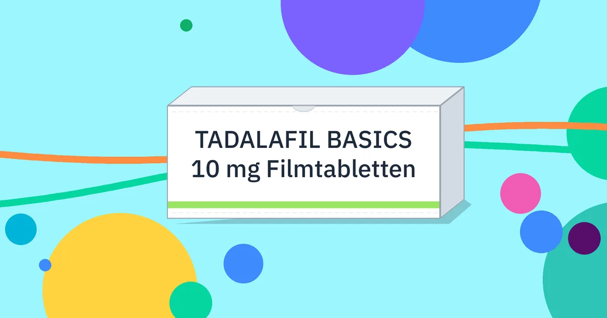 Symbolbild: Packung mit der Aufschrift TADALAFIL BASICS 10 mg Filmtabletten (PZN 14130976) – Verfügbarkeit und Bezug in Apotheken in Frankfurt am Main