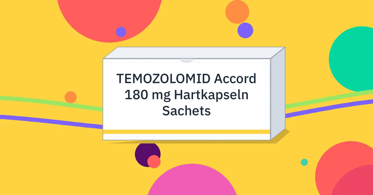 Symbolbild: Packung mit der Aufschrift TEMOZOLOMID Accord 180 mg Hartkapseln Sachets (PZN 16245264) – Verfügbarkeit und Bezug in Apotheken in Frankfurt am Main