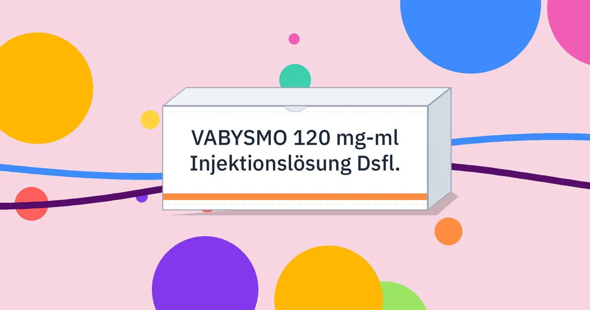 Symbolbild: Packung mit der Aufschrift VABYSMO 120 mg-ml Injektionslösung Dsfl. (PZN 19358980) – Verfügbarkeit und Bezug in Apotheken in Frankfurt am Main