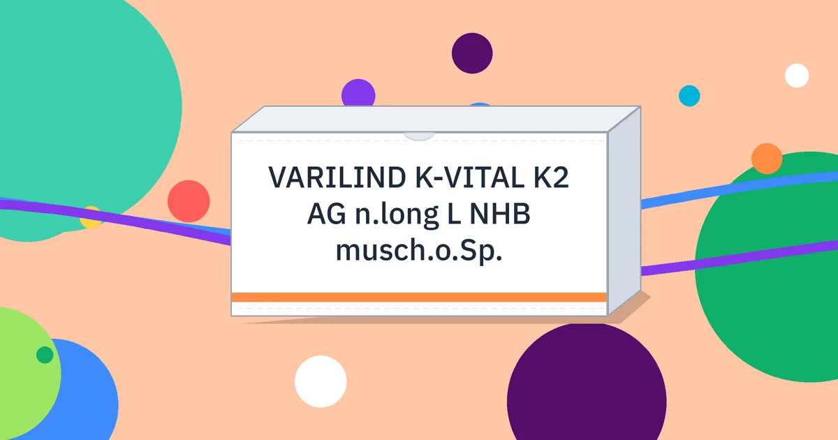 Symbolbild: Packung mit der Aufschrift VARILIND K-VITAL K2 AG n.long L NHB musch.o.Sp. (PZN 20565678) – Verfügbarkeit und Bezug in Apotheken in Frankfurt am Main