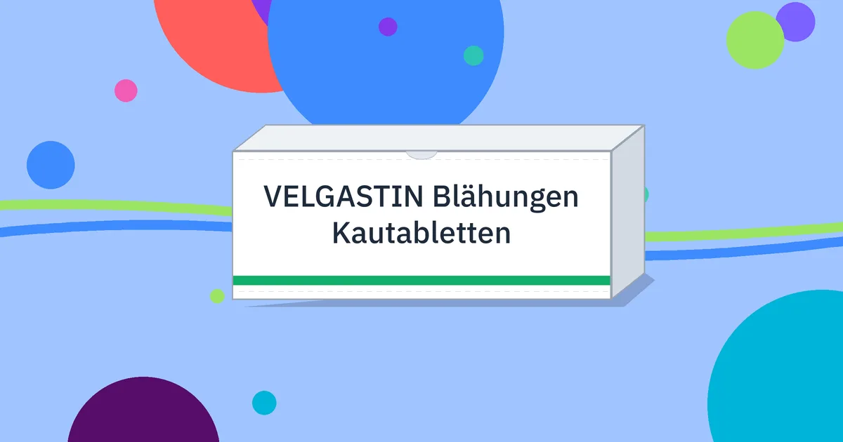 Symbolbild: Packung mit der Aufschrift VELGASTIN Blähungen Kautabletten (PZN 17869736) – Verfügbarkeit und Bezug in Apotheken in Frankfurt am Main