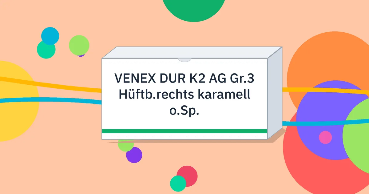 Symbolbild: Packung mit der Aufschrift VENEX DUR K2 AG Gr.3 Hüftb.rechts karamell o.Sp. (PZN 13761278) – Verfügbarkeit und Bezug in Apotheken in Frankfurt am Main
